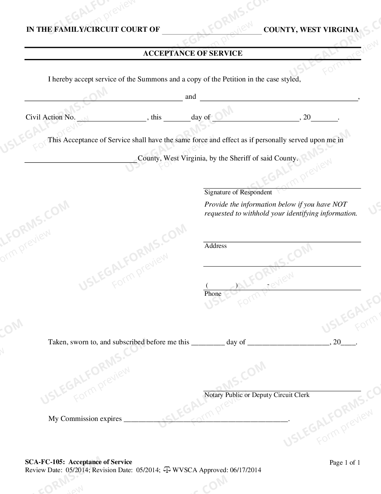 West Virginia Acceptance of Service | US Legal Forms