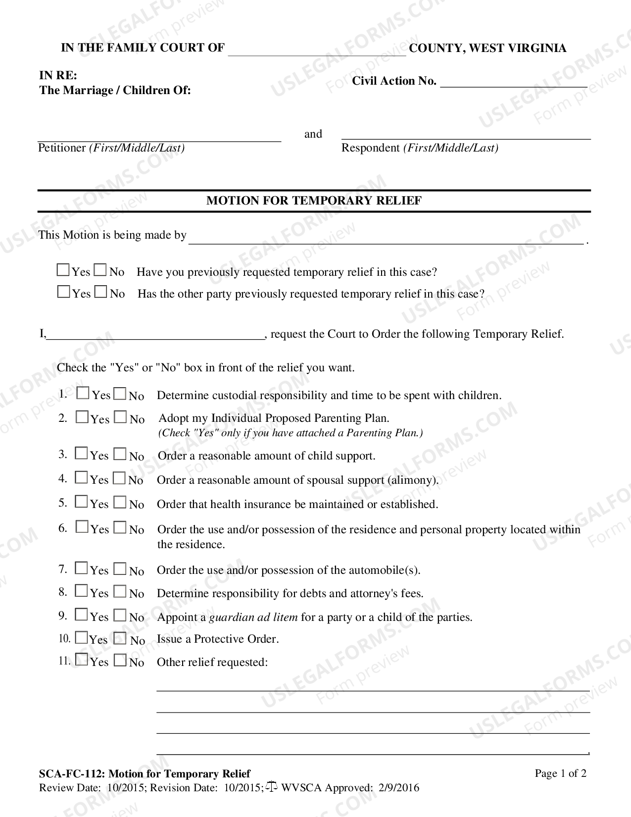 West Virginia Motion for Temporary Relief | US Legal Forms