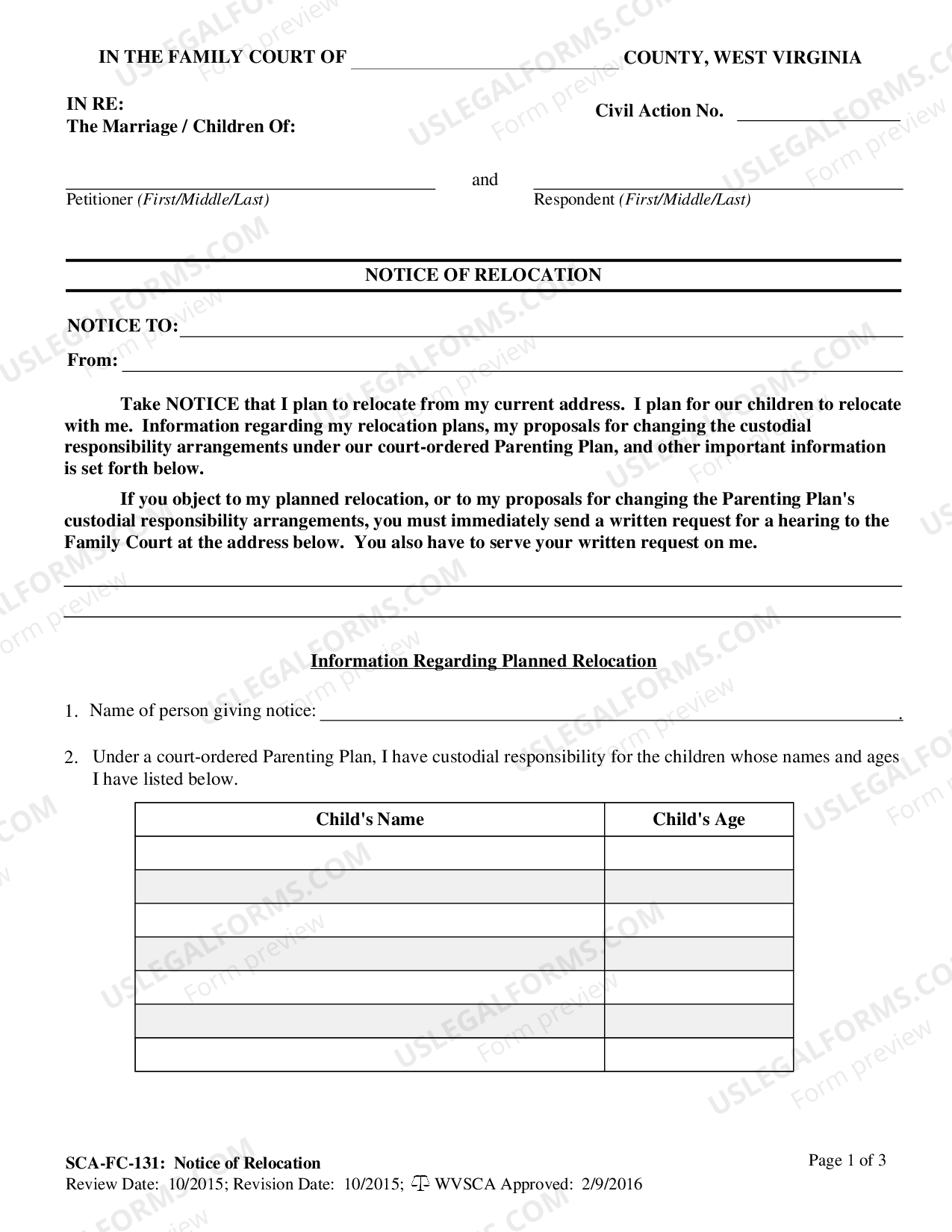 West Virginia Notice of Relocation | US Legal Forms