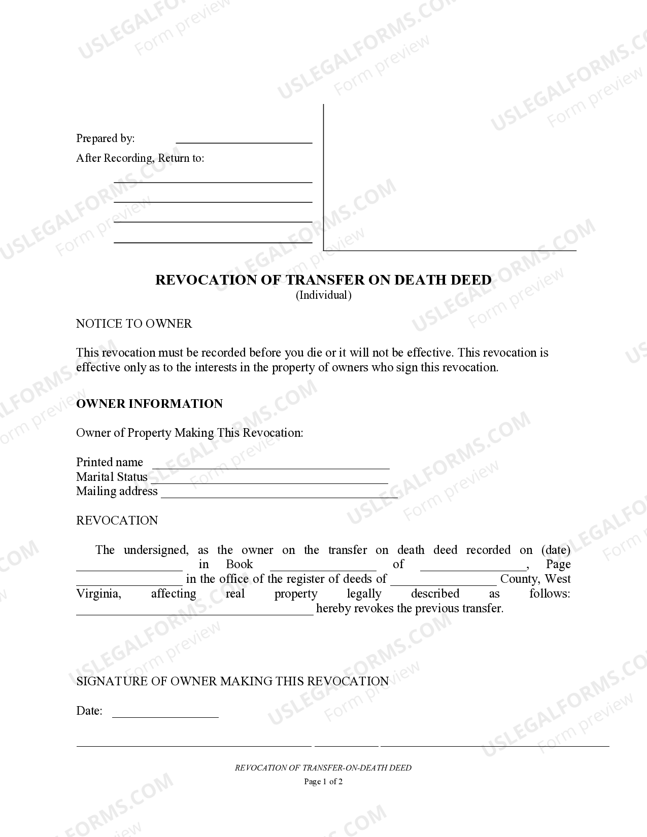 West Virginia Revocation of Transfer on Death Deed - Transfer On Death ...