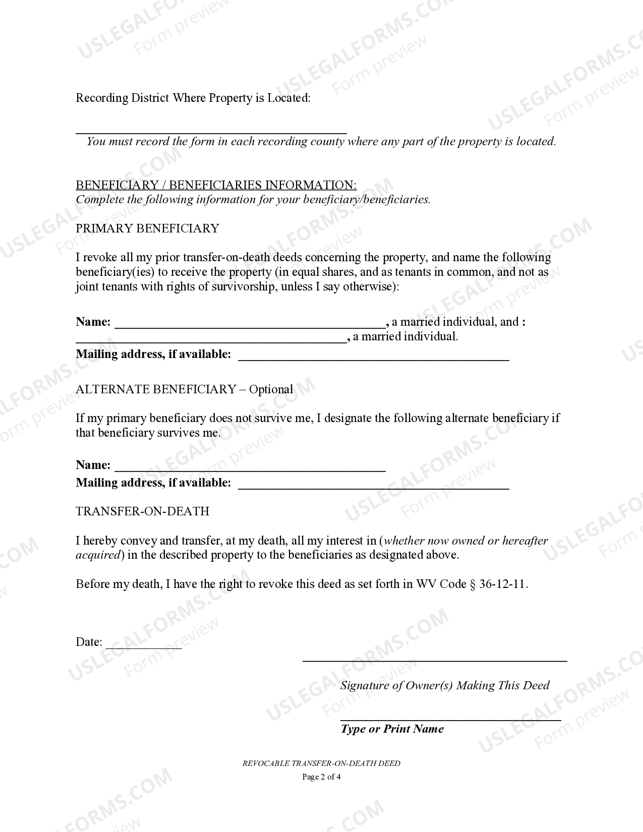 West Virginia Transfer on Death Deed or TOD - Beneficiary Deed for Individual to a Husband and ...
