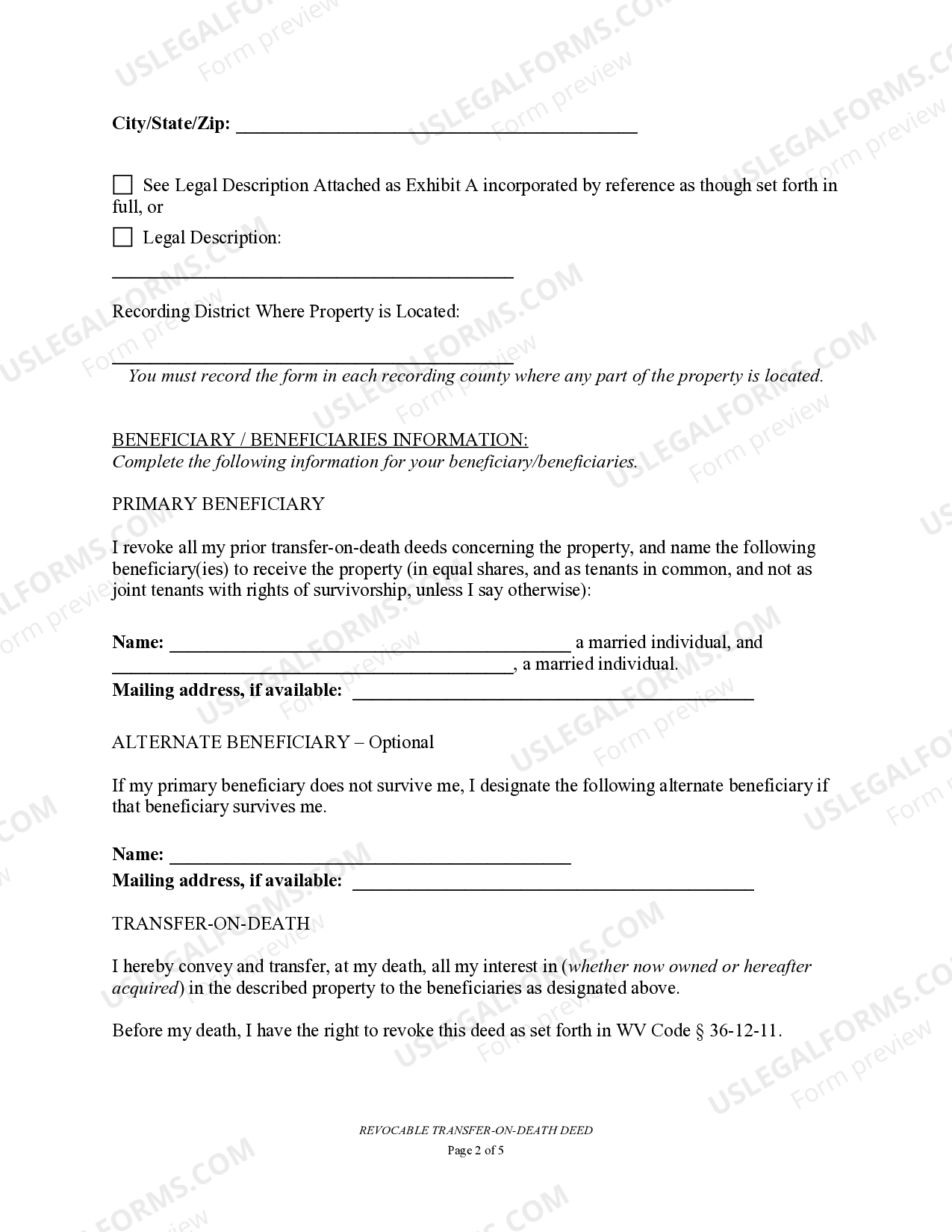 West Virginia Transfer on Death Deed or TOD - Beneficiary Deed for Two Individuals to Husband ...