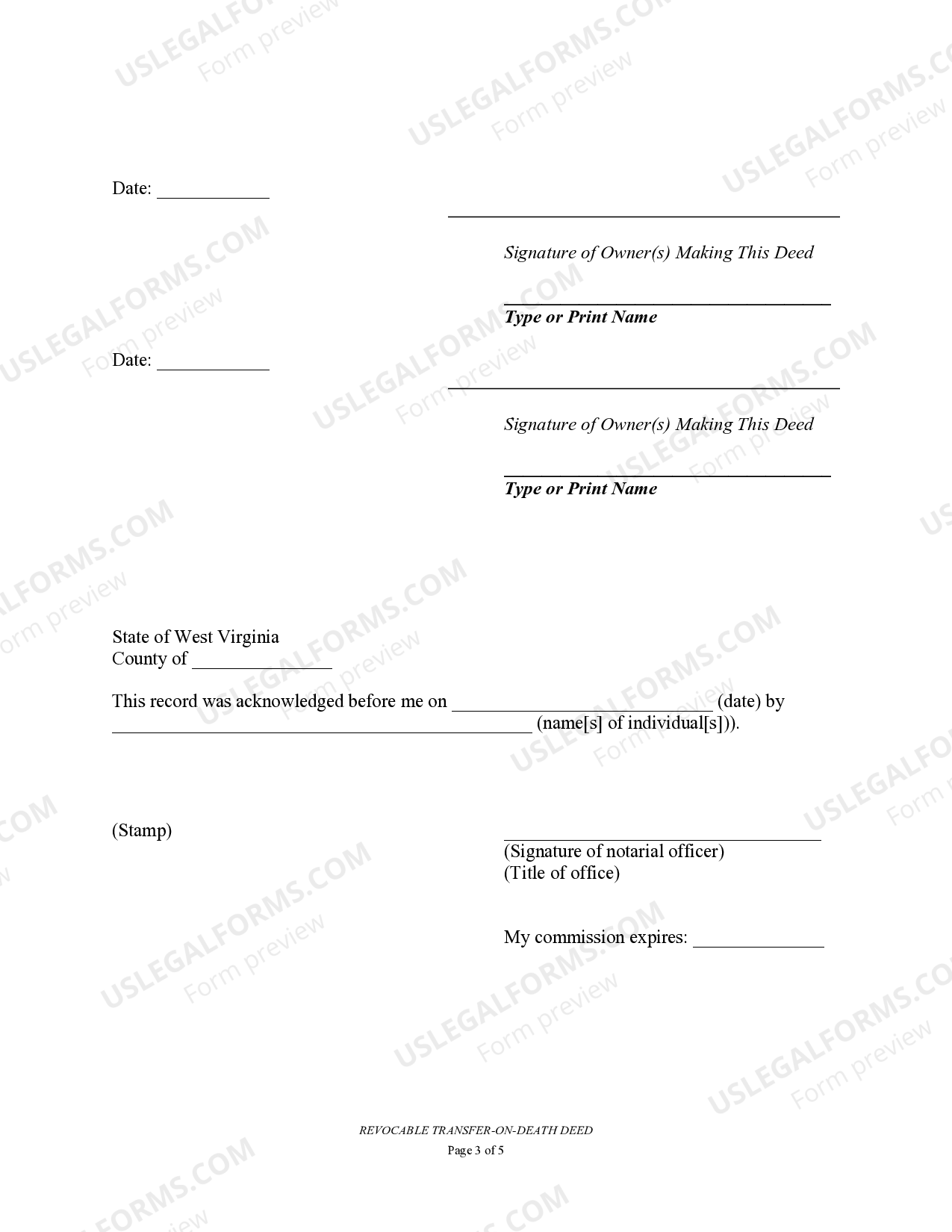 West Virginia Transfer on Death Deed or TOD - Beneficiary Deed for Two Individual to a Trust ...