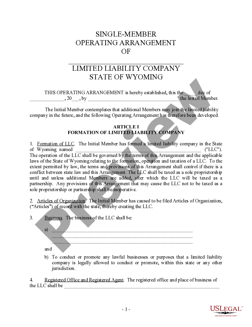 Wyoming Single Member Limited Liability Company LLC Operating Agreement