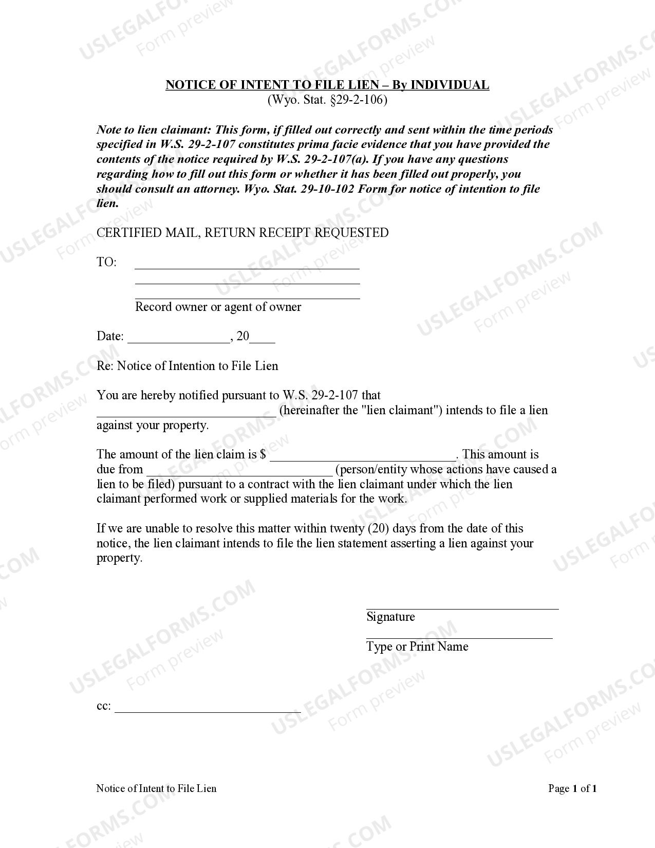 Wyoming Notice of Intent to File Lien by Individual - Wyoming Notice ...