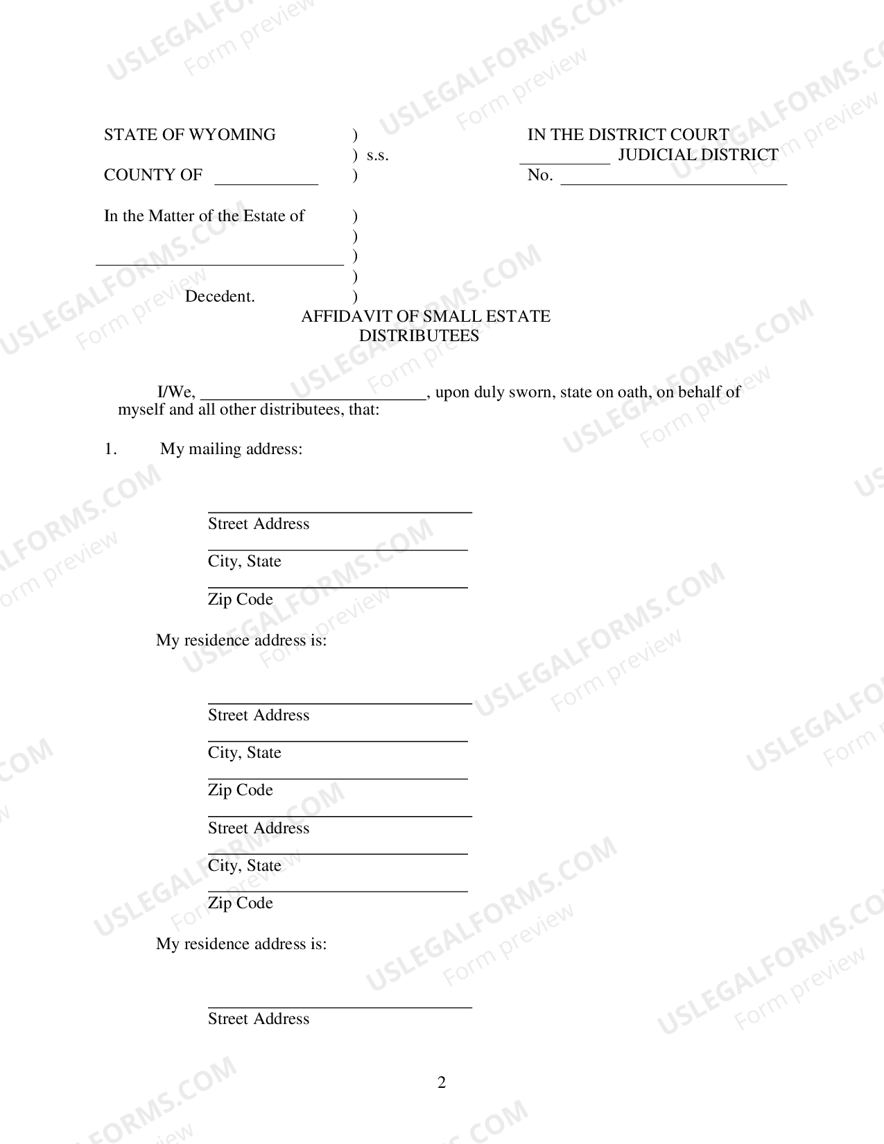 Wyoming Affidavit of Small Estate Distributees | US Legal Forms
