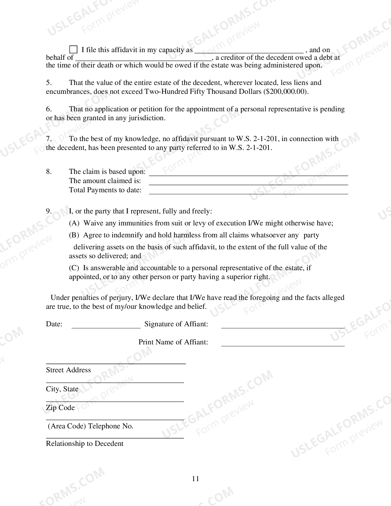 Wyoming Affidavit of Small Estate Distributees | US Legal Forms