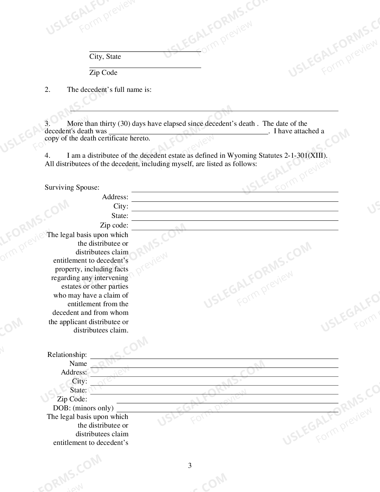 Wyoming Affidavit of Small Estate Distributees | US Legal Forms