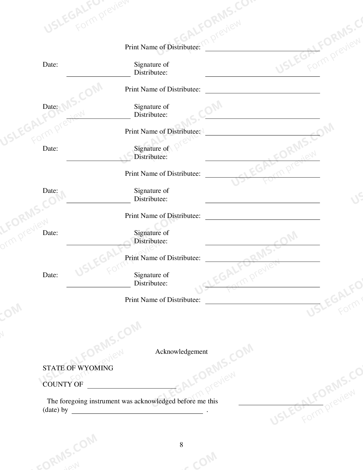 Wyoming Affidavit of Small Estate Distributees | US Legal Forms
