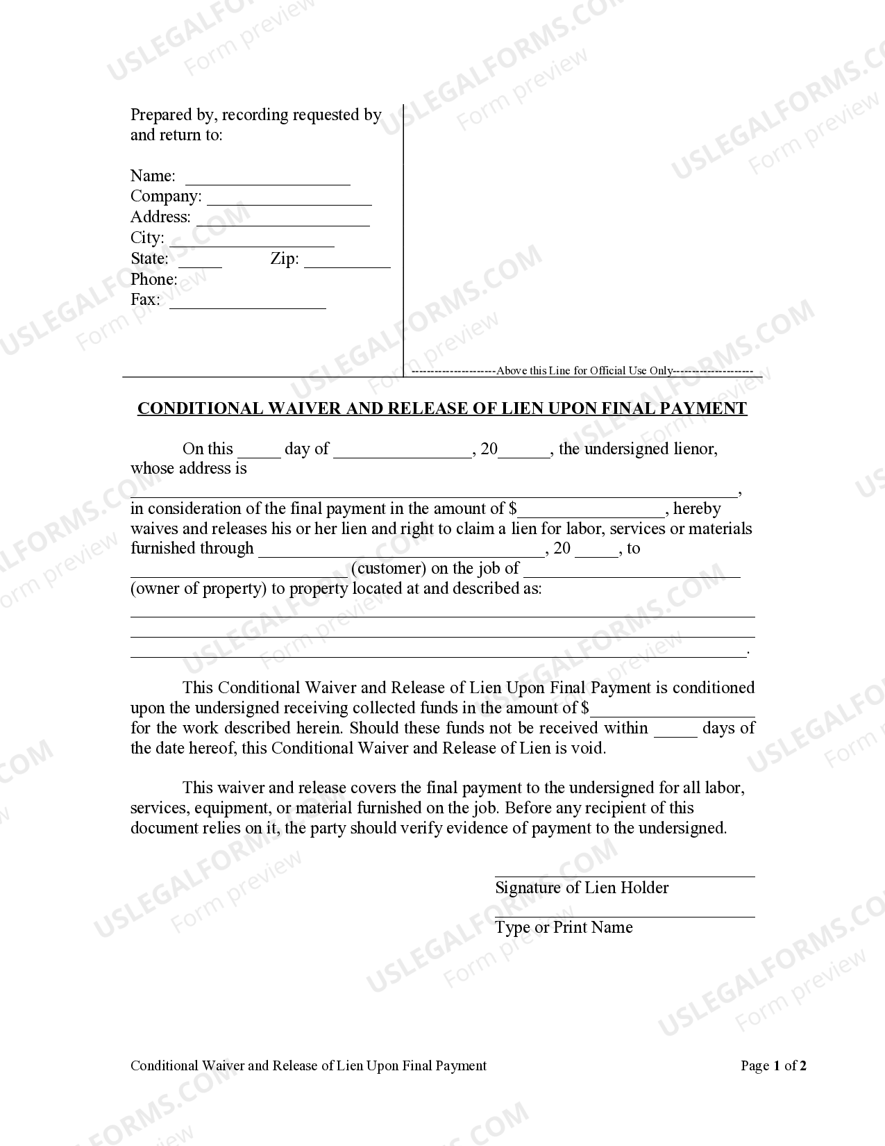 Wyoming Conditional Waiver and Release of Claim of Lien Upon Final Payment | US Legal Forms
