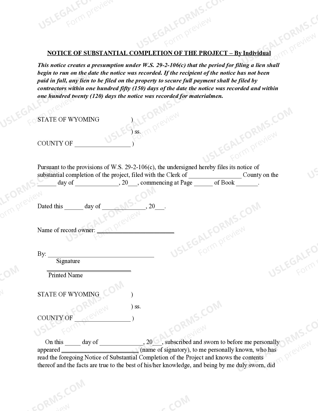 Wyoming Notice of Substantial Completion by Individual - Notice ...