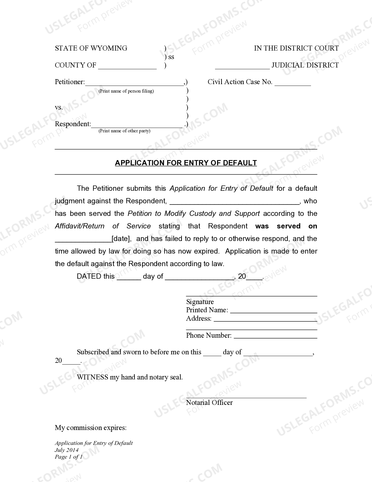Wyoming Application For Entry of Default for Child Custody Modification ...