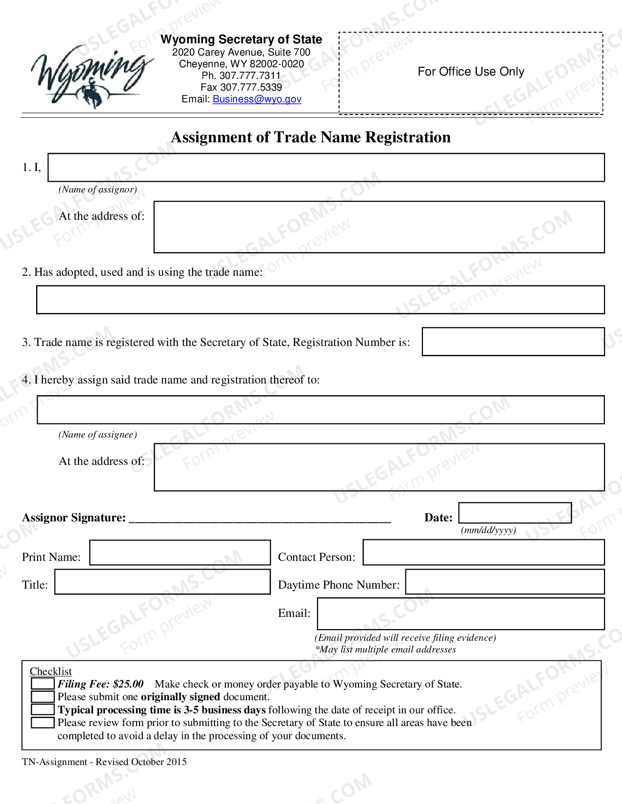 Wyoming Assignment of Trade Name Registration - Wyoming Trade Name | US ...