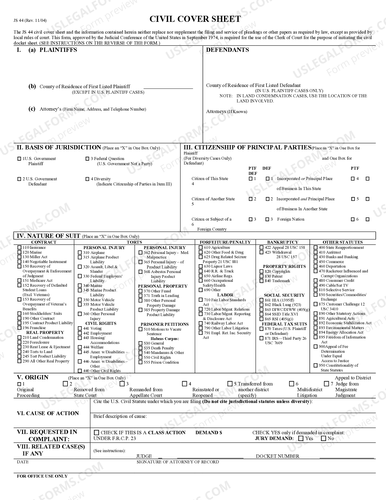 Wyoming JS-44 Civil Cover Sheet - Federal District Court | US Legal Forms