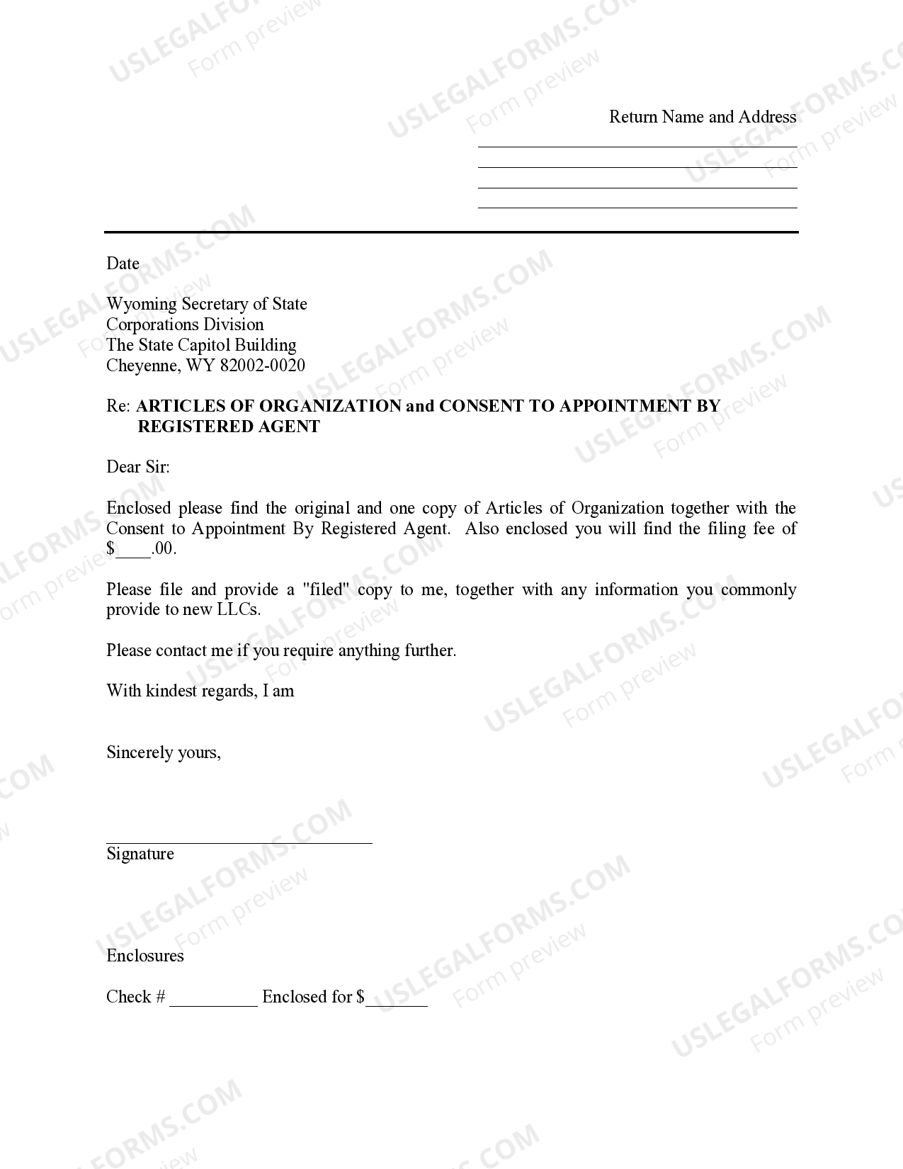 Wyoming Sample Cover Letter for Filing of LLC Articles or Certificate ...