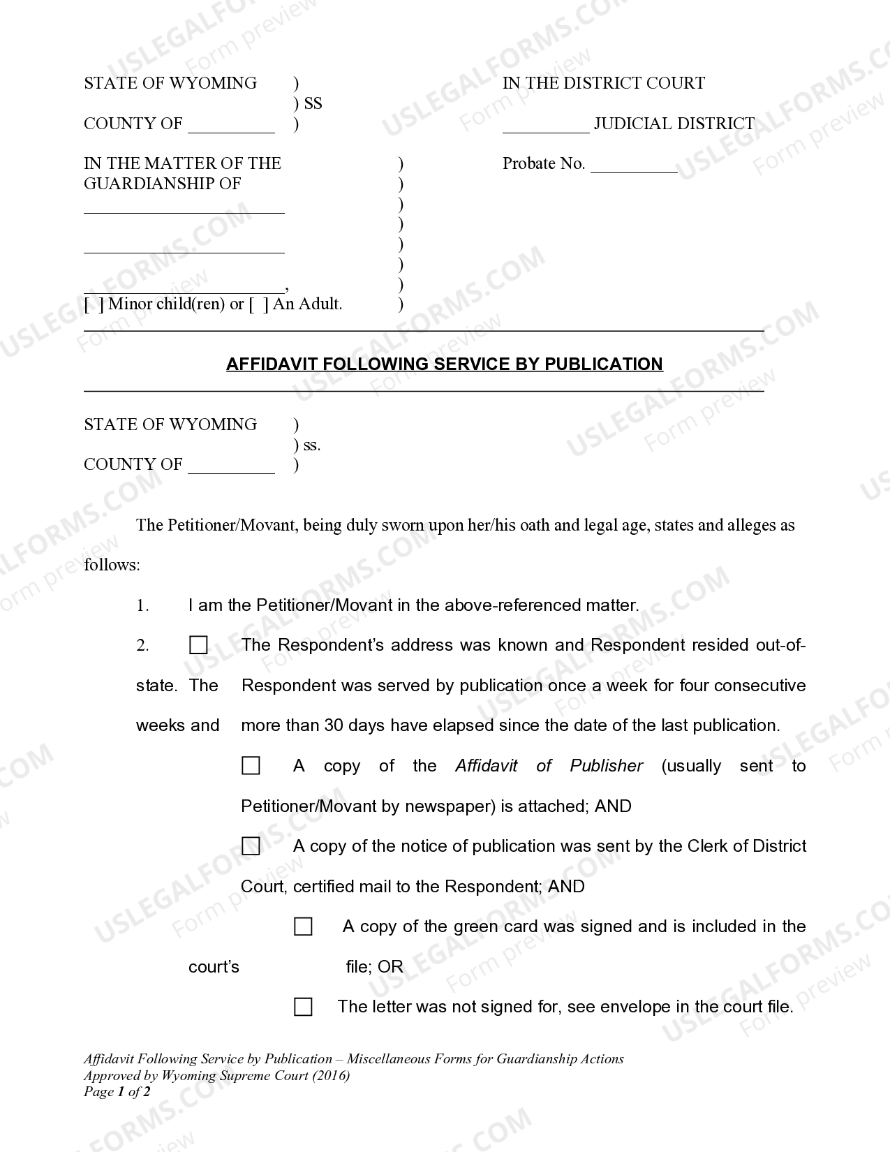 Wyoming Affidavit Following Service By Publication | US Legal Forms