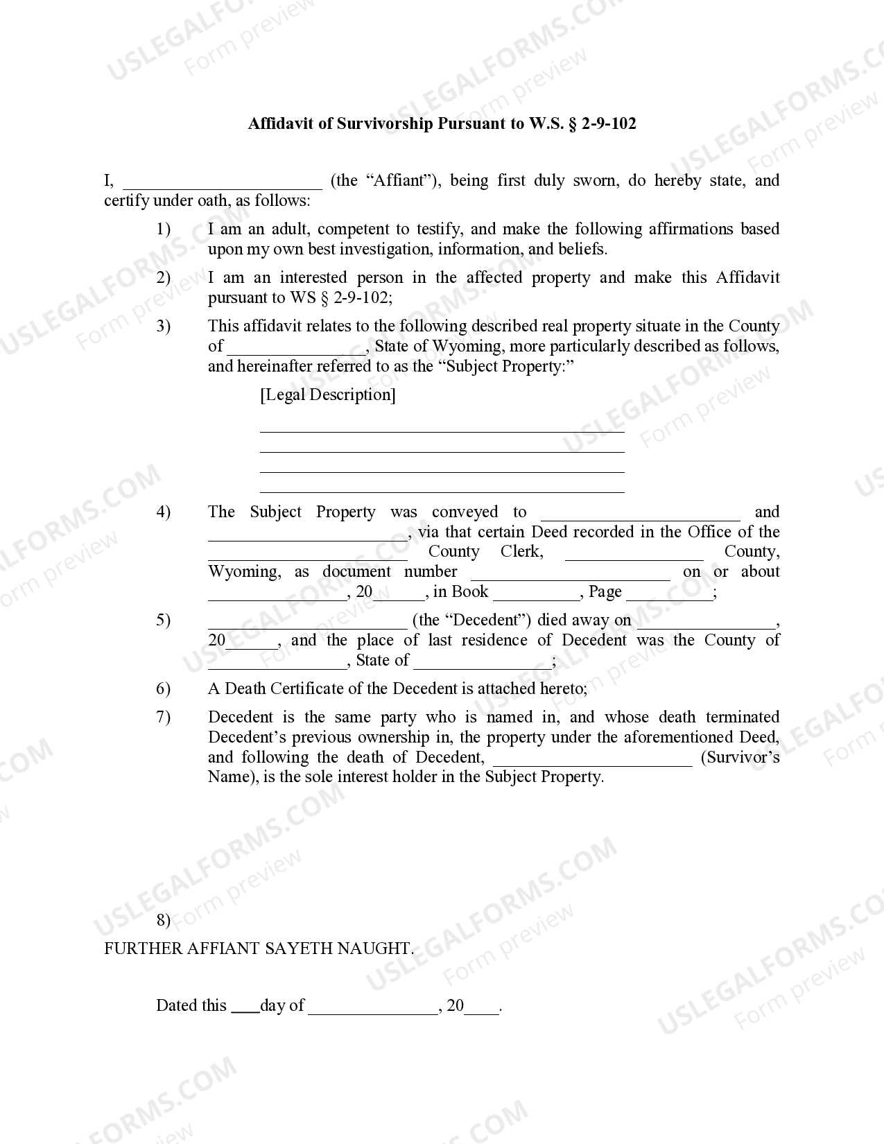 Wyoming Affidavit of Survivorship | US Legal Forms