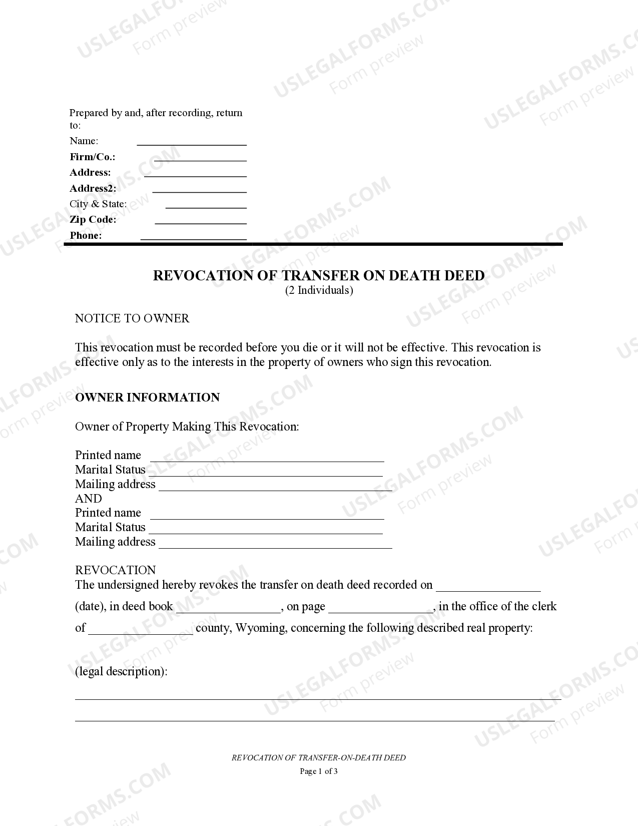 Wyoming Revocation of Transfer on Death Deed - Beneficiary Deed for Two ...